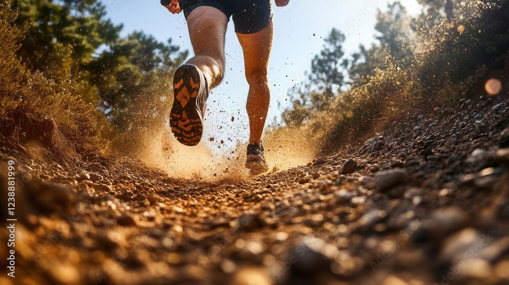 dynamic low-angle shot of runner's legs mid-stride on rugged mountain ...