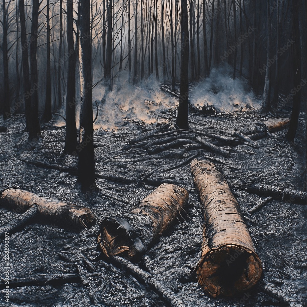 Charred remains of a forest with smoldering logs and ash-covered ground ...
