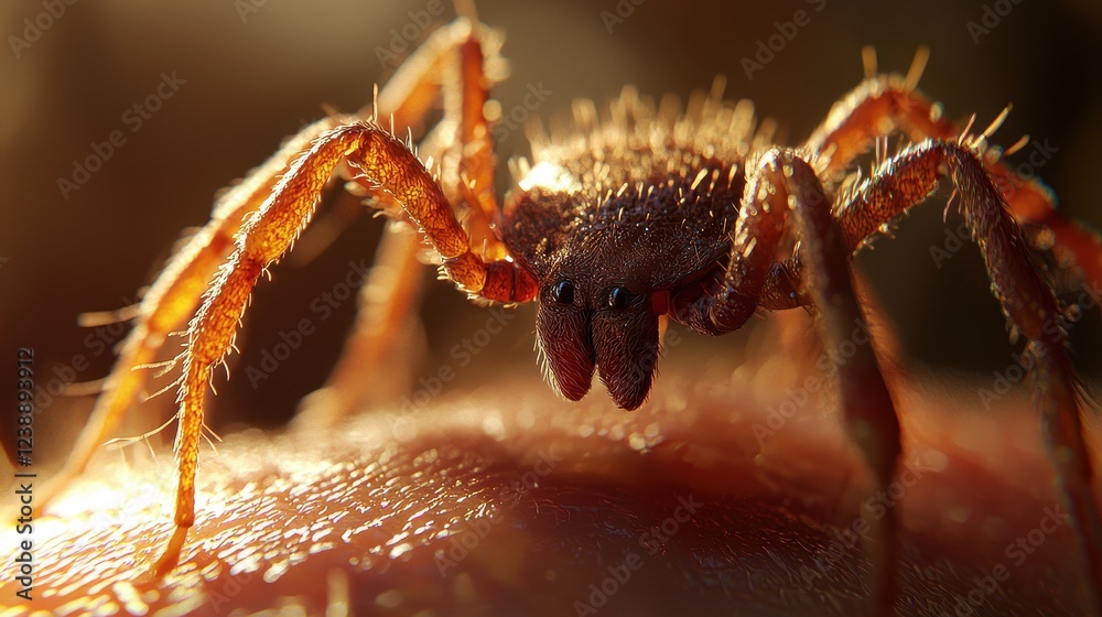 A close-up of a tick clinging to human skin, its body swollen with ...
