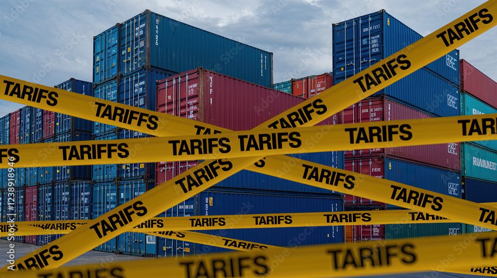 American tariffs. Cargo Containers in Port with Yellow 'TARIFFS ...