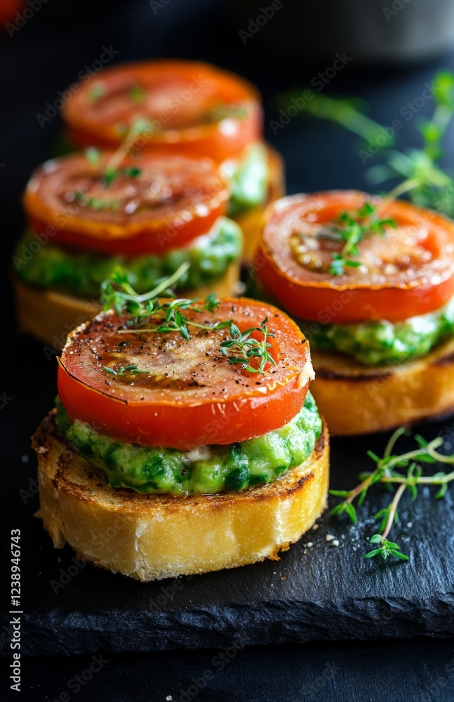 Mini Sandwich Canapes with Tomato, Mozzarella, and Green Pea Cream ...