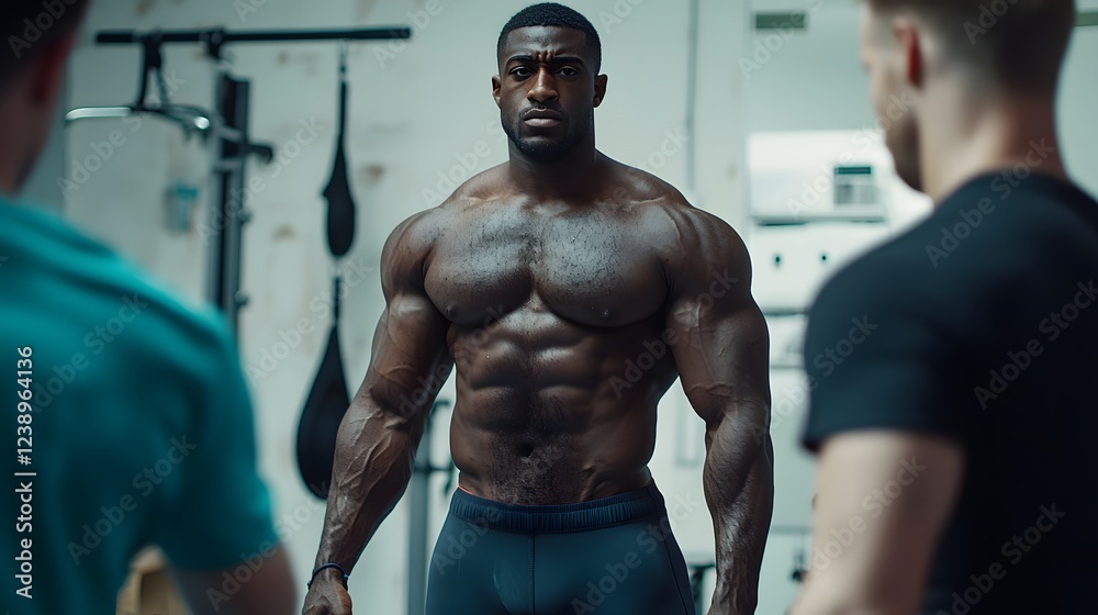 Muscular bodybuilder stands confidently in gym with two athletes around ...