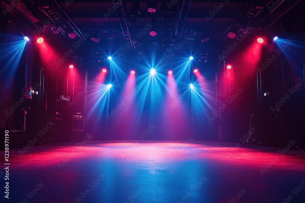 Dark night club stage shines with vivid red and green lights, creating ...