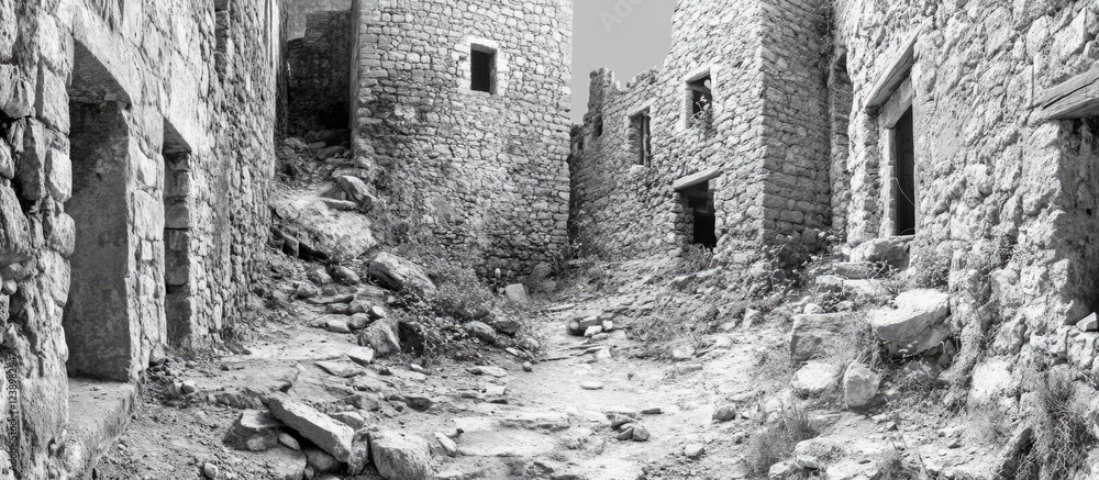Abandoned stone village ruins with narrow pathways and rubble in black ...
