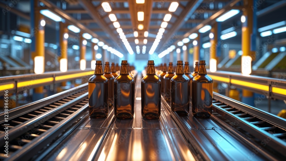 Bottling process at a factory with brown glass containers moving on ...