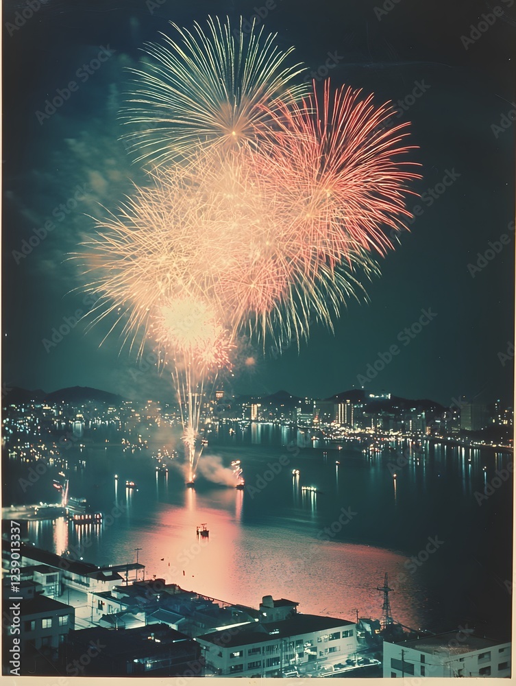 above a fireworks display, with a night sky background. photograph with ...