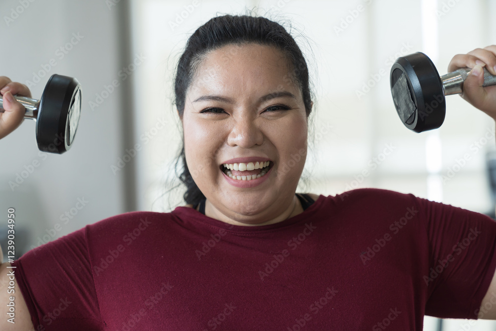 Happy smiling Asian young plus size woman lifting dumbbell weight in ...