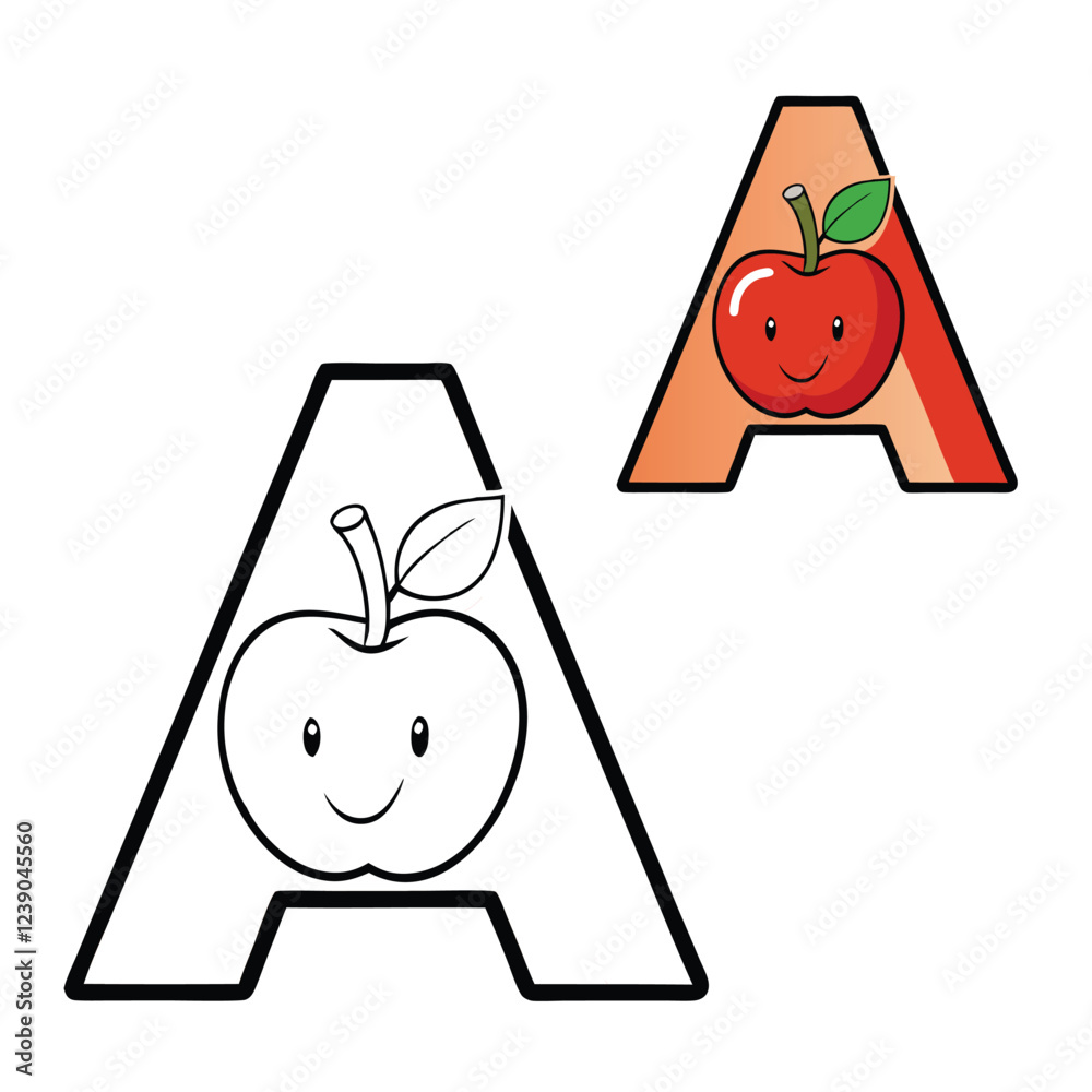 Alphabet letter "A" with an apple coloring page featuring a bold ...