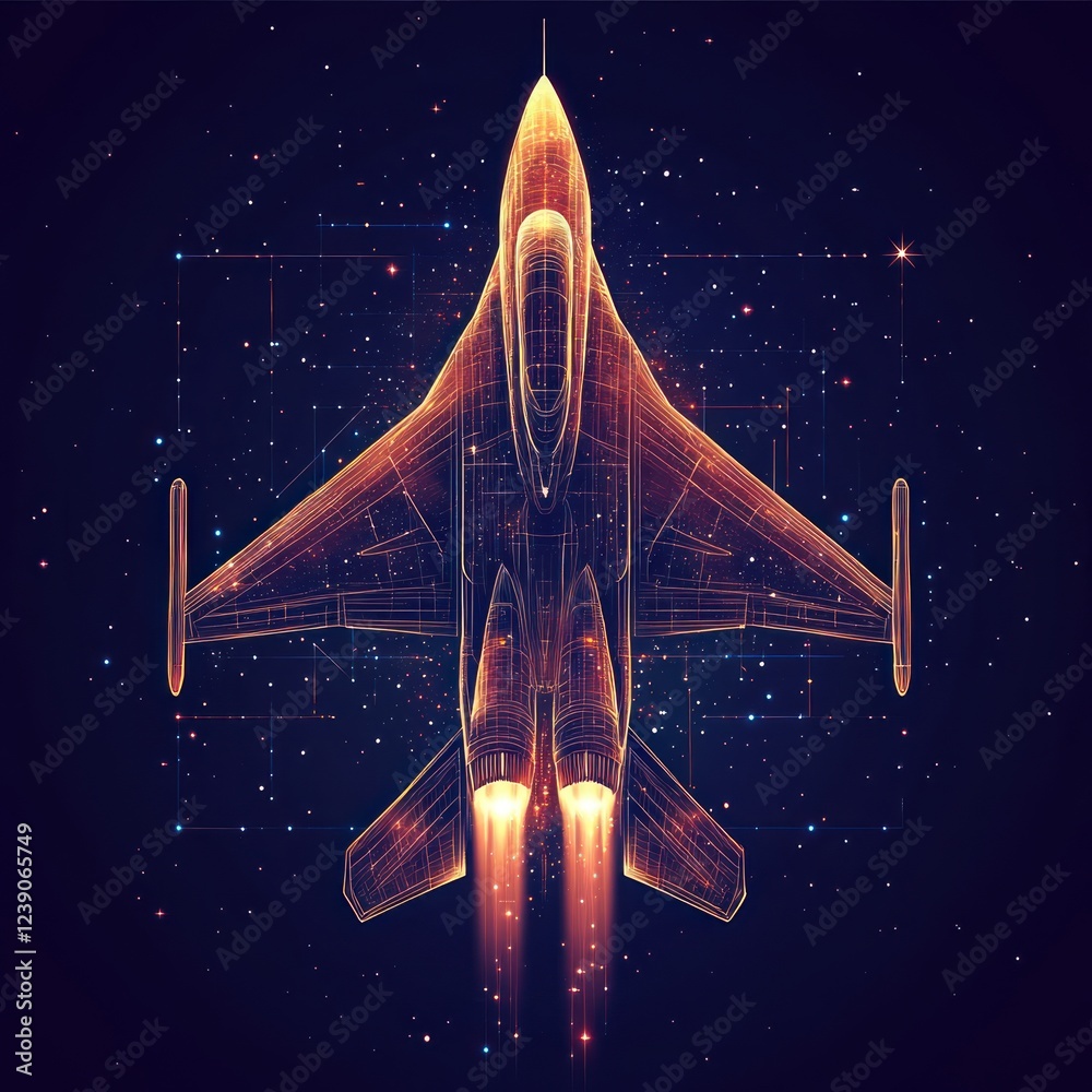 Futuristic fighter jet taking off, rendered in wireframe style against ...