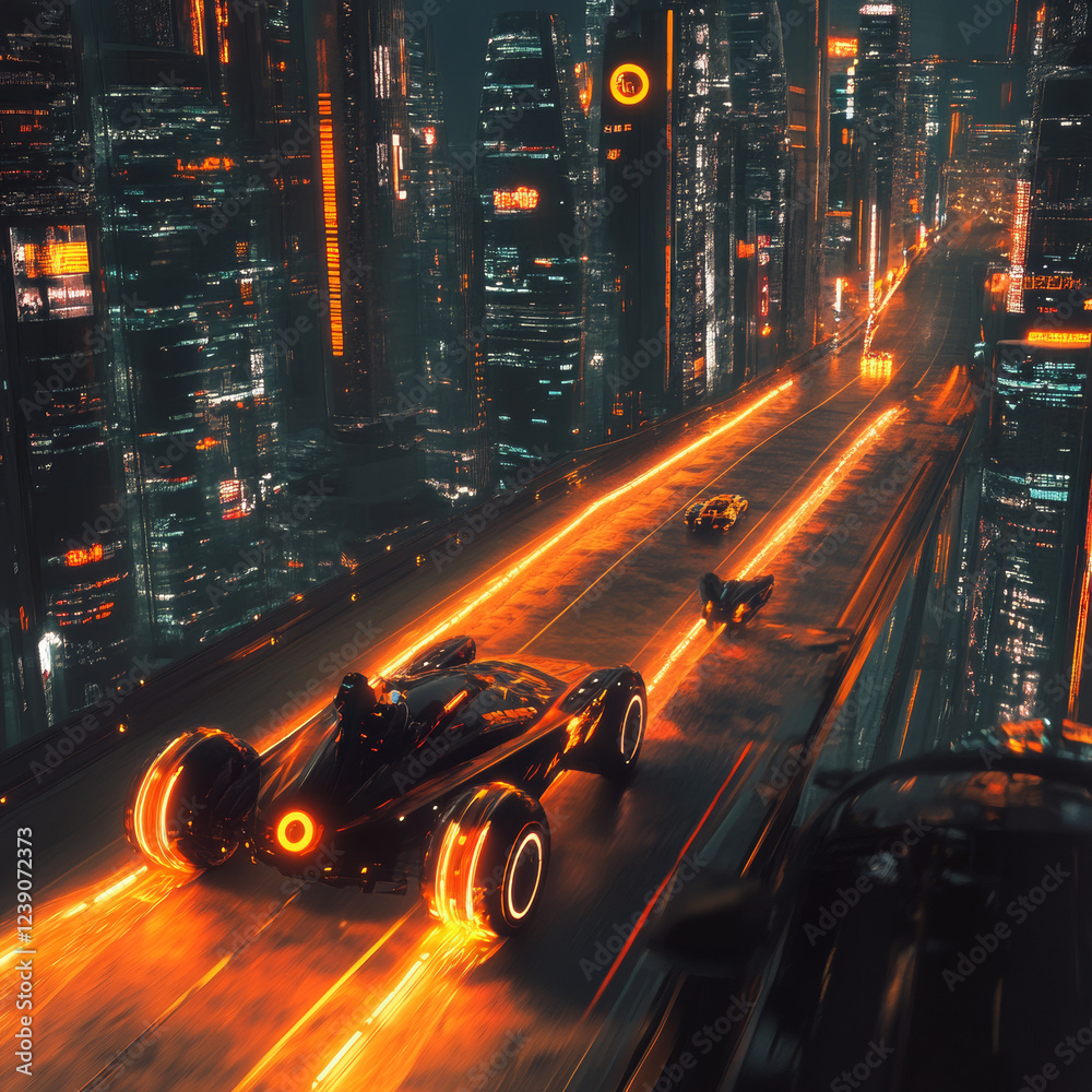 Riders from 2090 zooming on high-tech highways with glowing orange ...