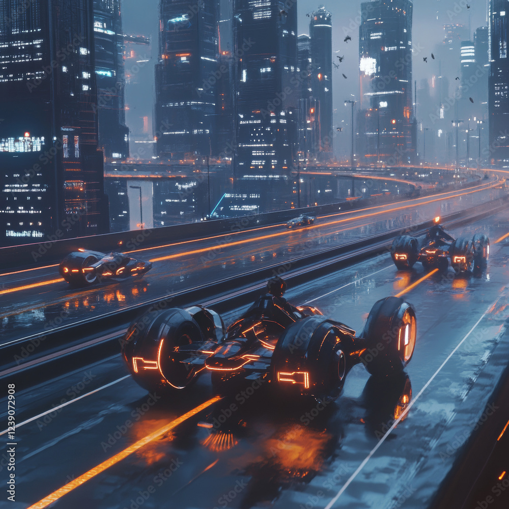 Riders from 2090 zooming on high-tech highways with glowing orange ...