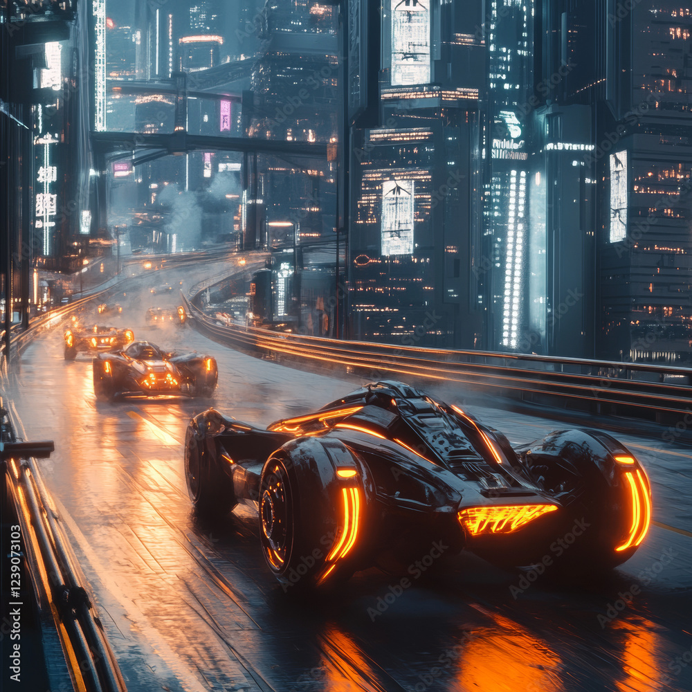 Riders from 2090 zooming on high-tech highways with glowing orange ...
