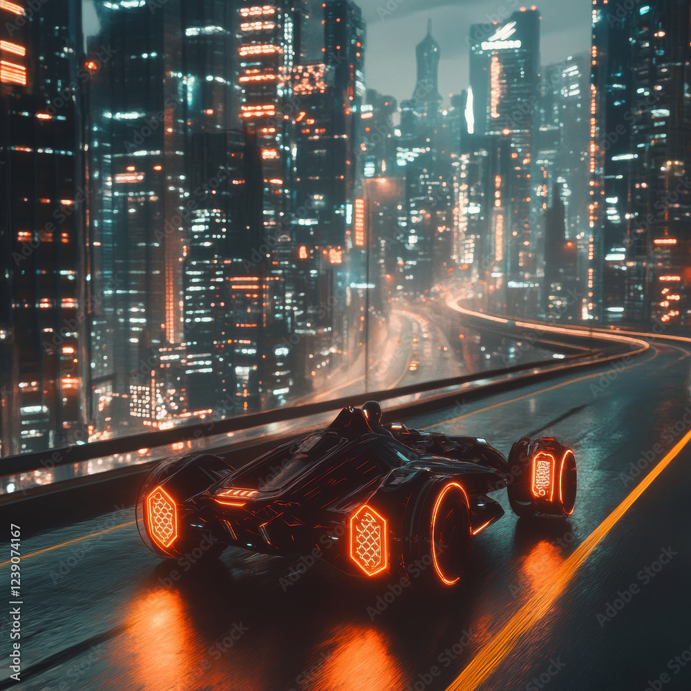 Riders from 2090 zooming on high-tech highways with glowing orange ...