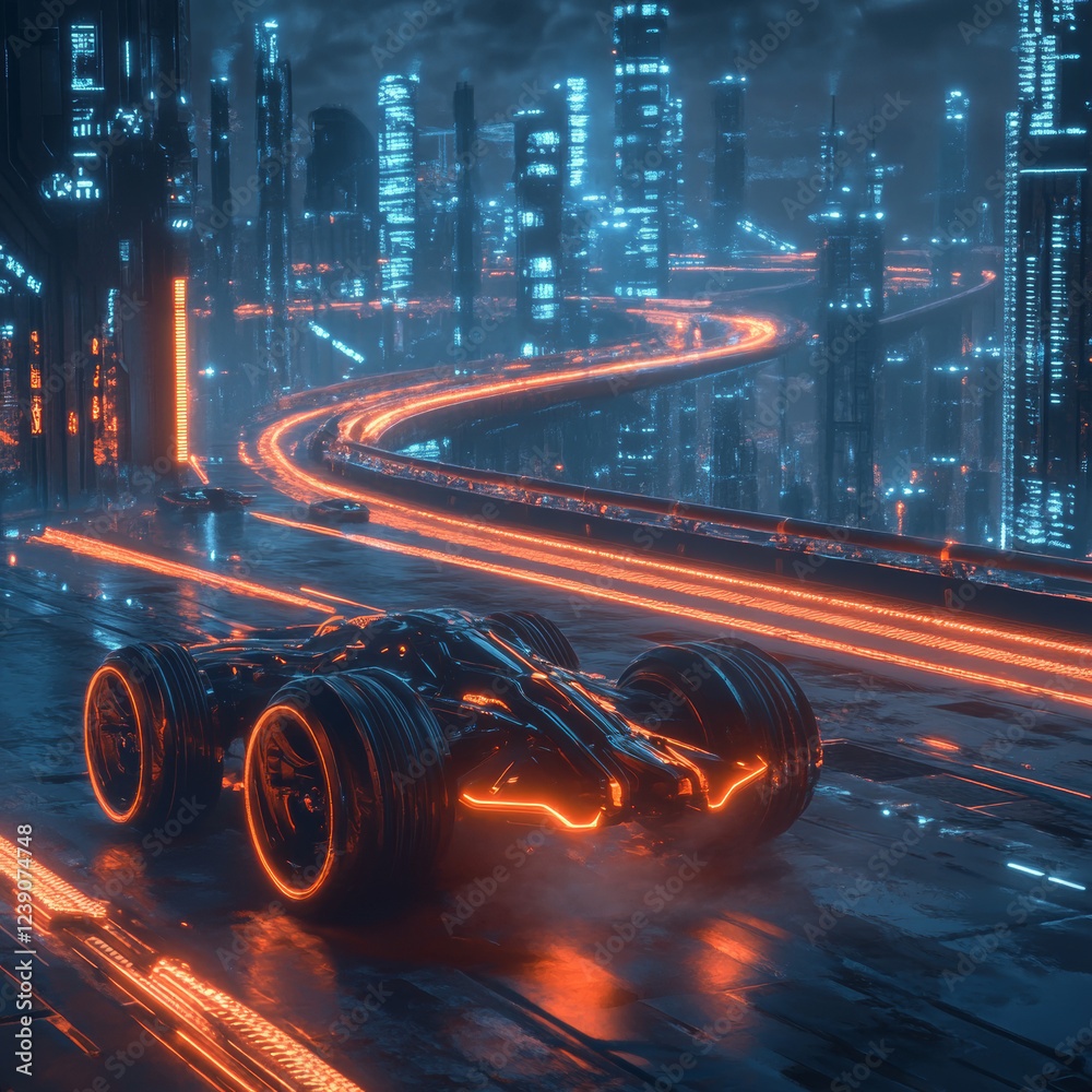 Riders from 2090 zooming on high-tech highways with glowing orange ...