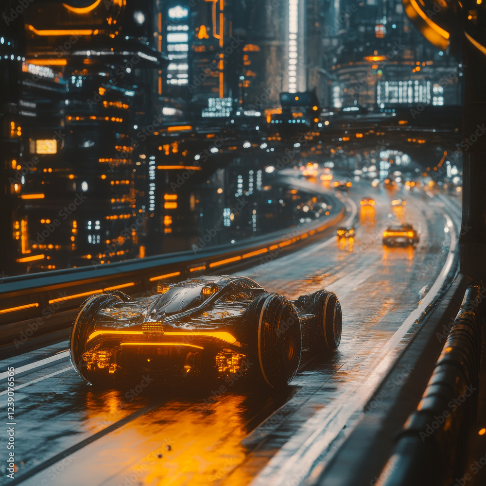 Riders from 2090 zooming on high-tech highways with glowing orange ...