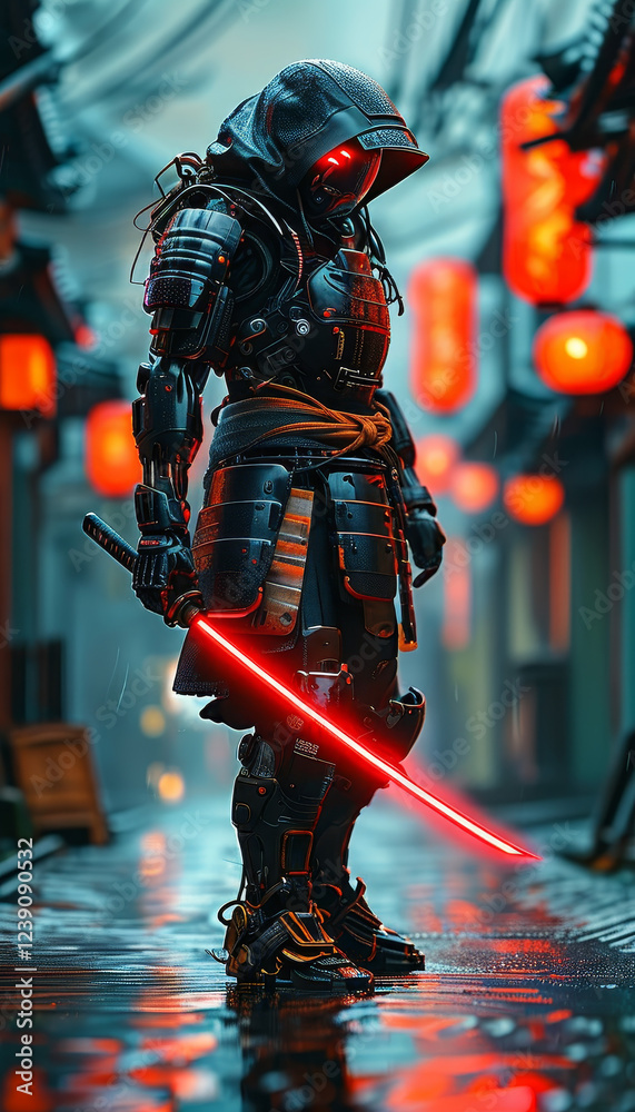 a cyborg samurai with a red neon katana on his back sitting crouching ...