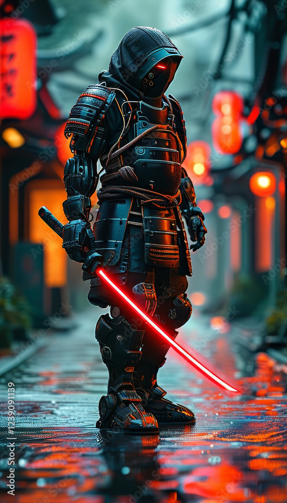 a cyborg samurai with a red neon katana on his back sitting crouching ...