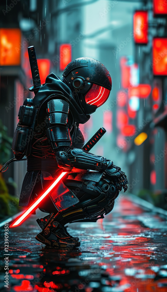 a cyborg samurai with a red neon katana on his back sitting crouching ...