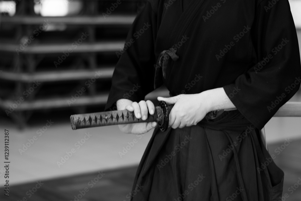 A fierce samurai grips a Japanese katana sword, practices Iaido in ...