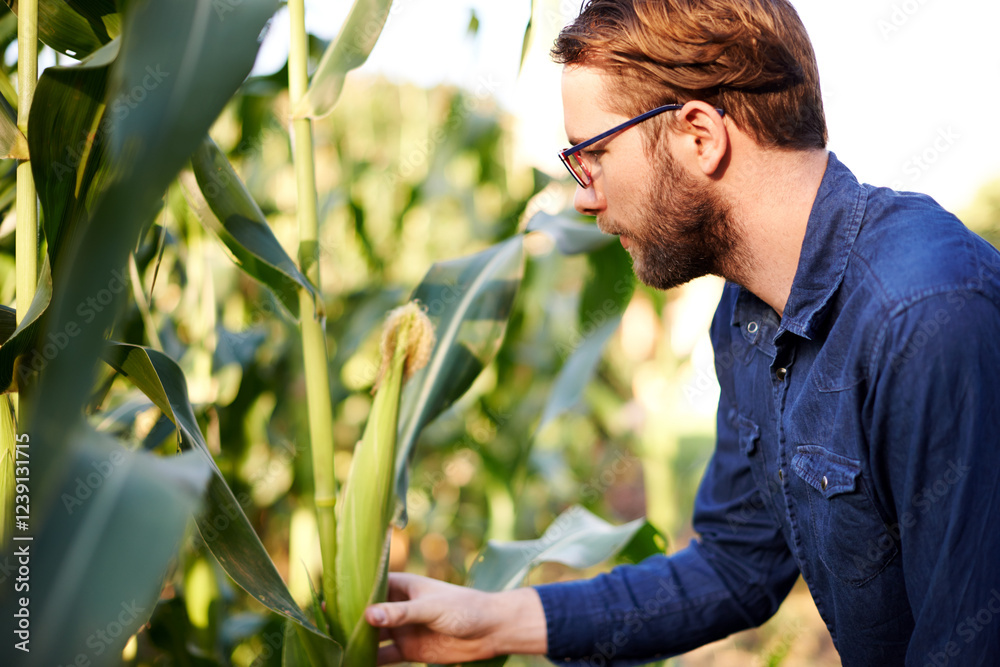 Foto de Stock Corn, farming and man in field for growth, natural food ...