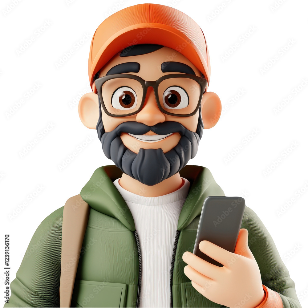 3d icon happy avatar man bearded hiker in an puffer jacket using a ...