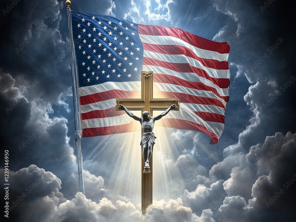Christian cross with jesus christ and waving american flag in cloudy ...