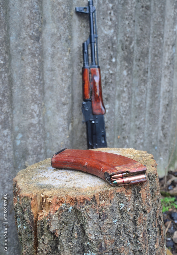 AKM. machine gun with cartridges Stock Photo | Adobe Stock