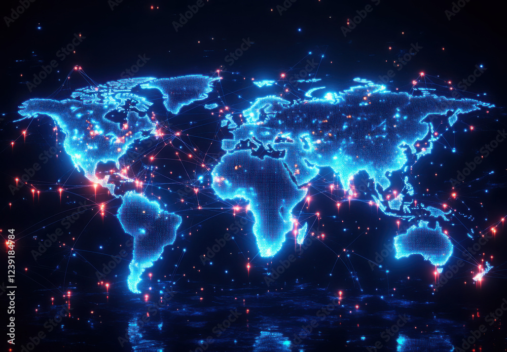 Illustration of a connected world map showing digital network lines ...
