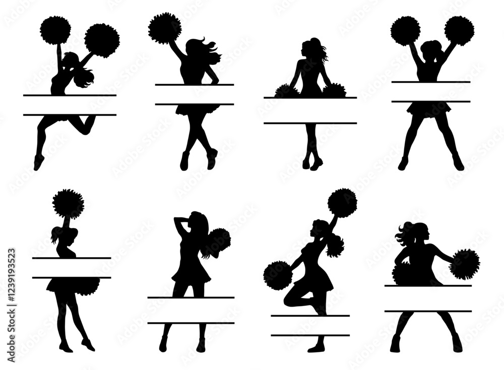 Cartoon Cheerleaders with Pom-poms Split Label Monogram Template ...