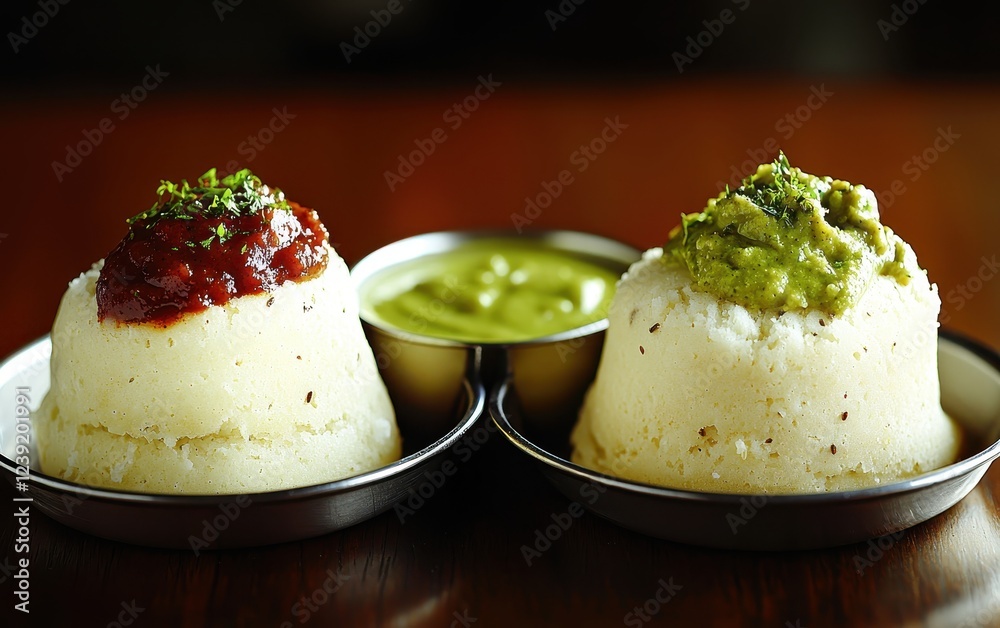 A high-resolution image of glowing idli and medu vada served with ...