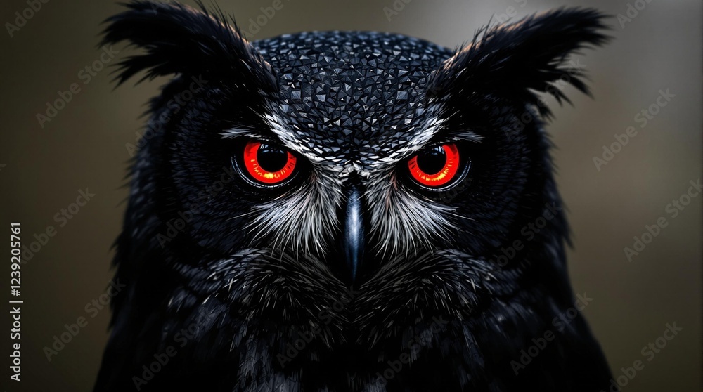 Sharp gaze black owl bird with spooky red eyes, nocturnal bird ...