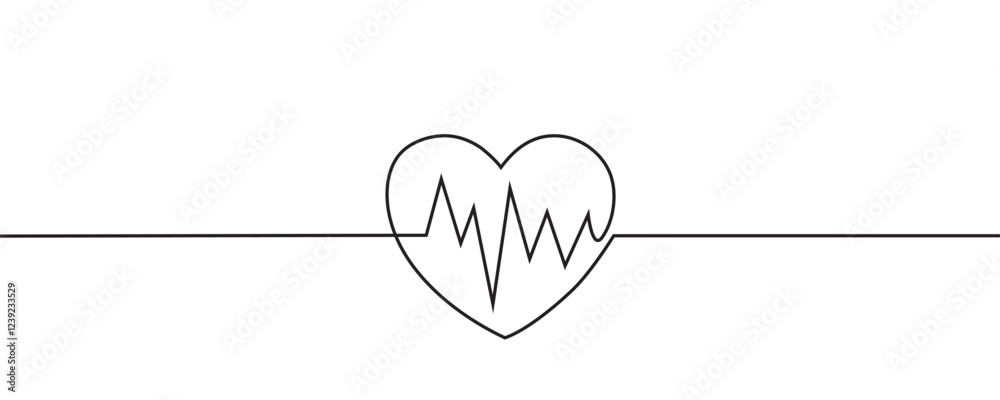 Continuous line drawing of heart with heartbeat. Pulse curve. One line ...