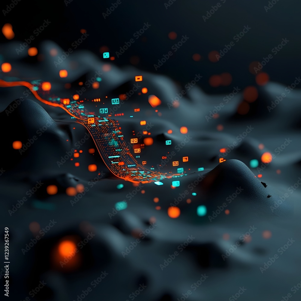 Captivating Digital Tapestry Cascading lines of binary code and algorithmic forms dance across a ...