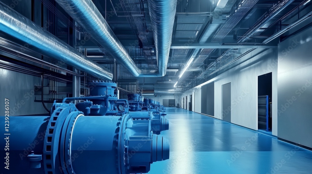 Industrial Machinery Room Blue-toned Composition of Pipes and Equipment ...