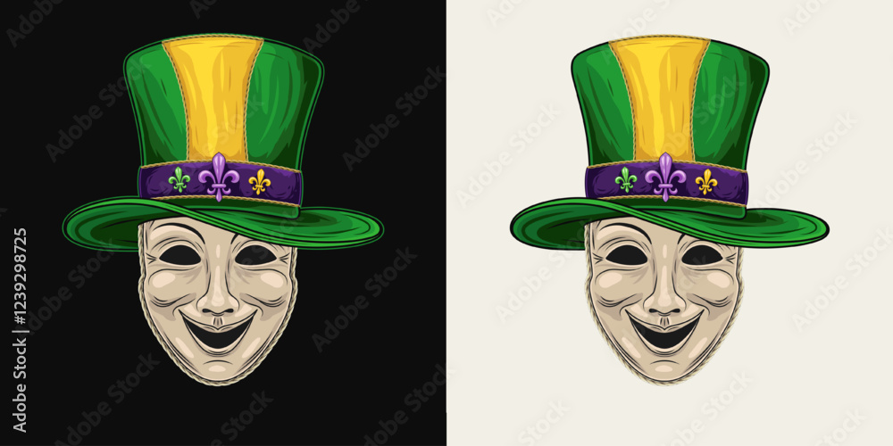 Theatrical comedy face mask with tall cylinder hat. Mardi Gras themed ...