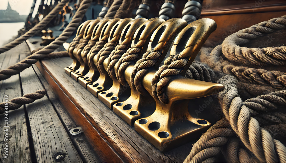 Extreme Close-Up of Antique Brass Ship Cleats on Wooden Dock Stock ...