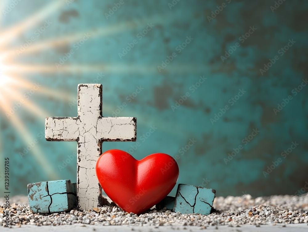 Rustic Christian cross and vibrant red heart symbol of spiritual ...