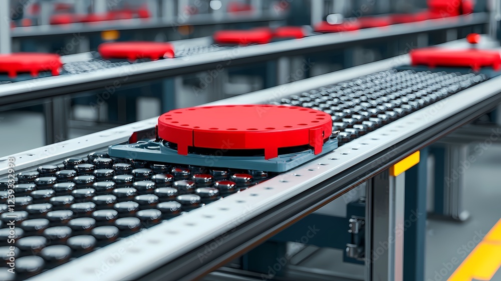 A modern conveyor system featuring red circular platforms on a sleek ...