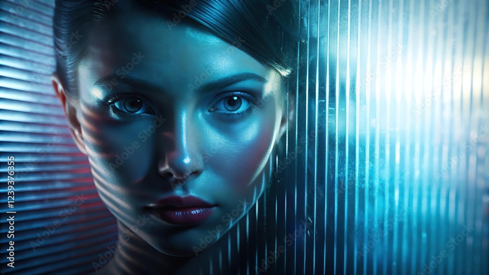 Beautiful girl. Reeded and Ribbed Glass. Model hidden behind mirror ...