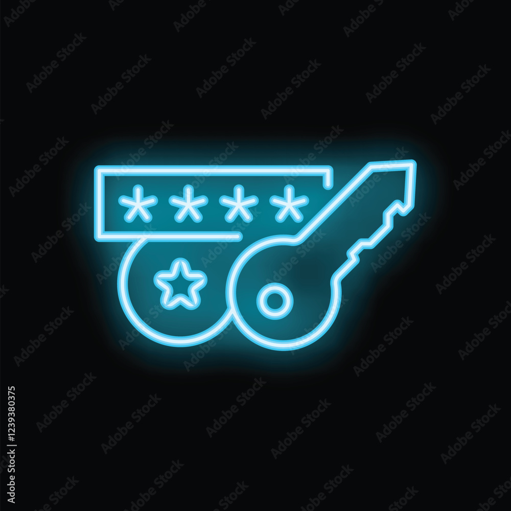 Neon blue glowing key unlocking password with star shape on black ...