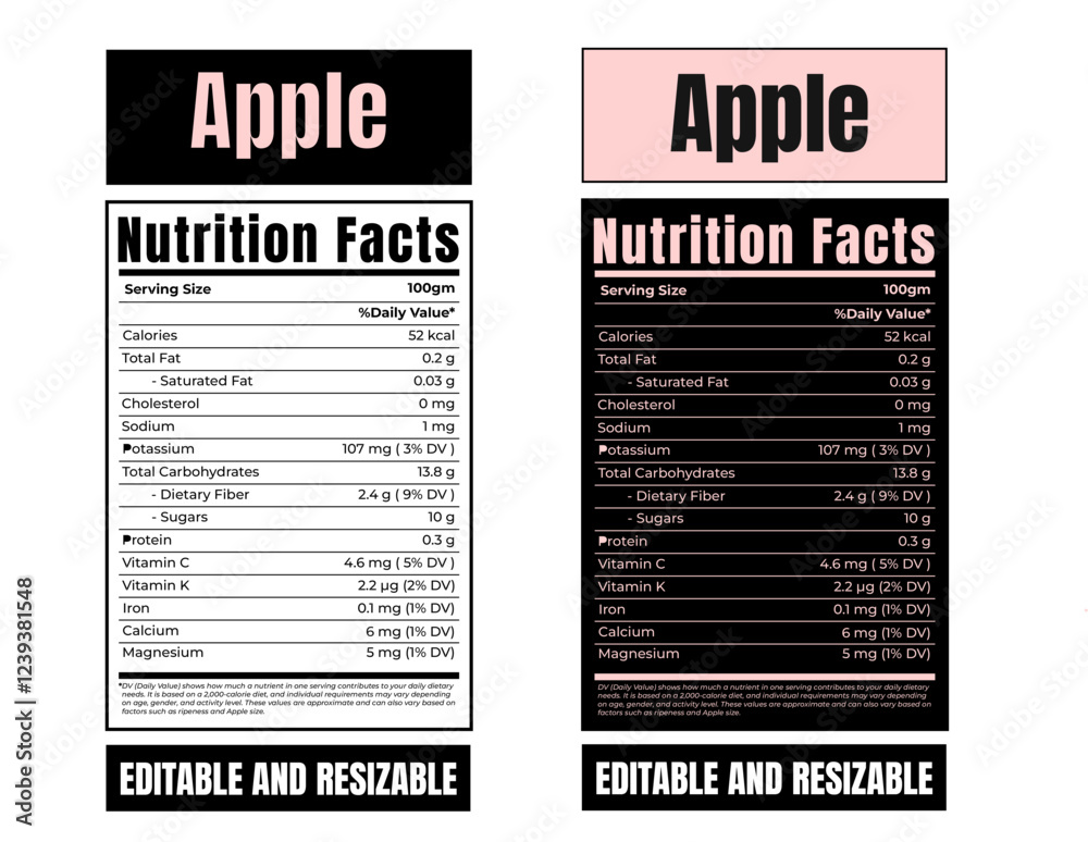 Apple Nutrition Facts, Supplement facts of apple, editable and ...