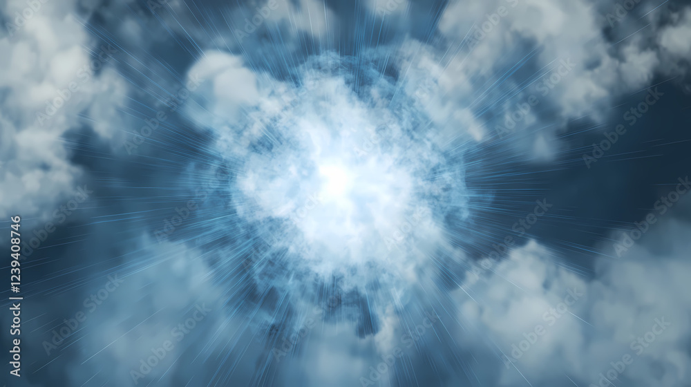 Blue light ray bursting from a central source isolate on transparent ...