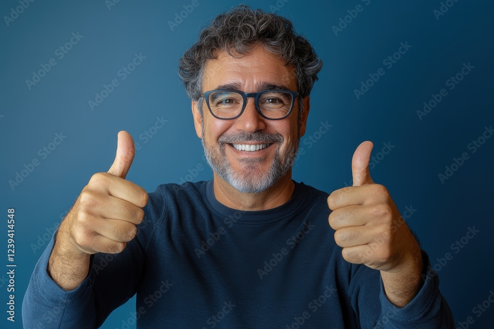 Middle-aged man smiles widely, giving two thumbs up against a blue ...