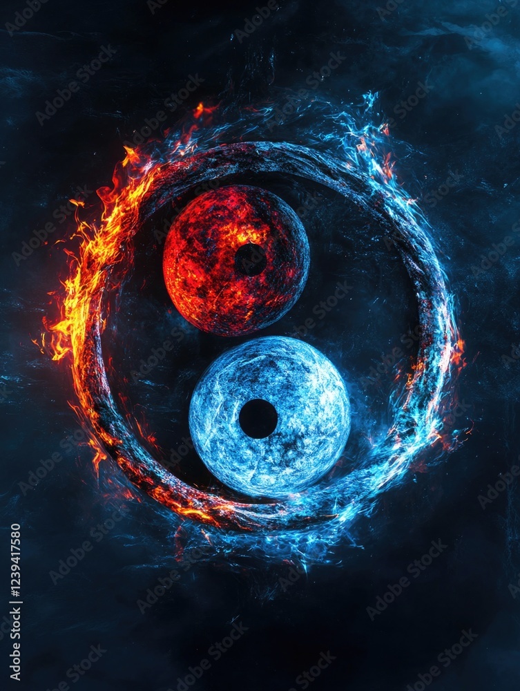 Ancient Chinese yin yang symbol with red and blue elements intertwining ...