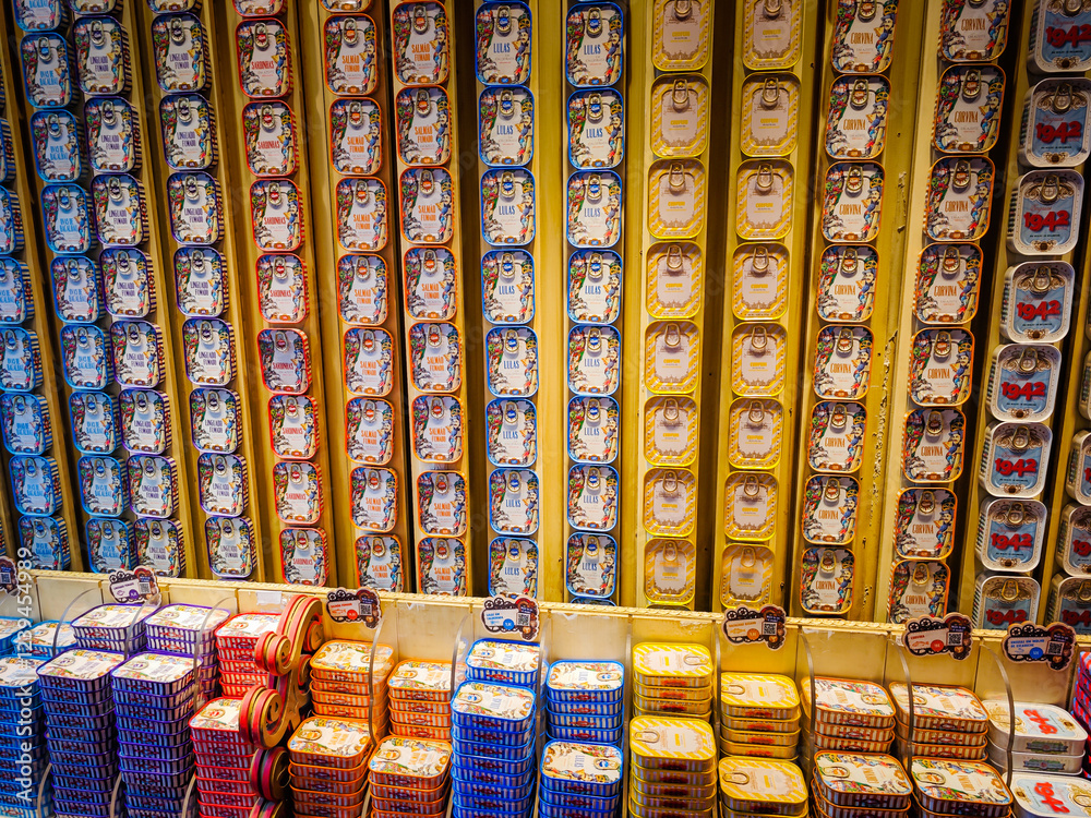 03 02 2025 - Lisbon, Portugal. Canned sardines stacked against the wall ...