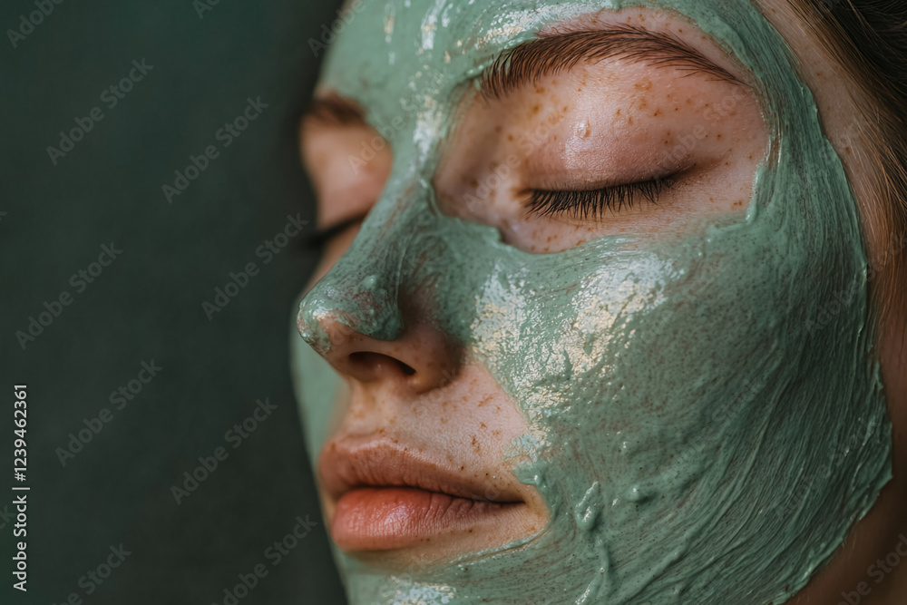 A close-up of a woman with a green facial mask on her skin, symbolizing ...