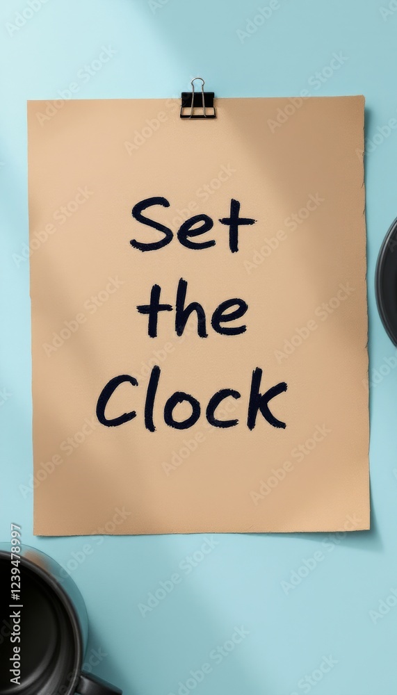 Paper note reminding to set the clock, a symbol of time management and ...