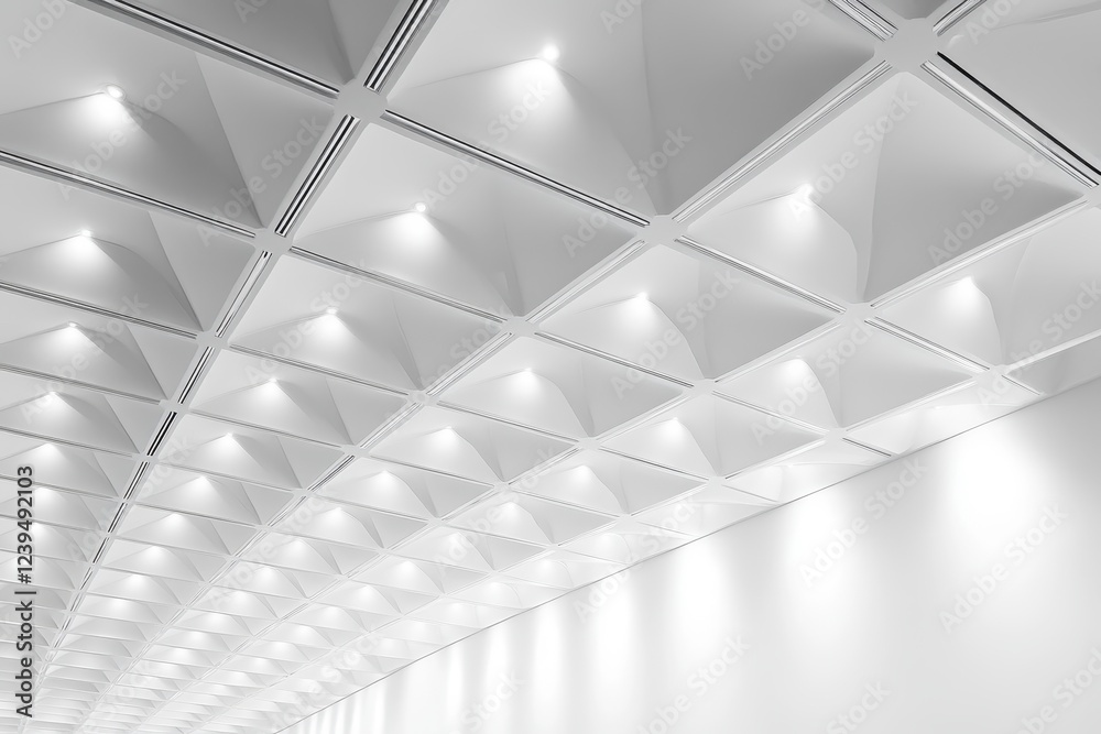 Suspended grid ceiling featuring LED spotlights and drywall in an ...