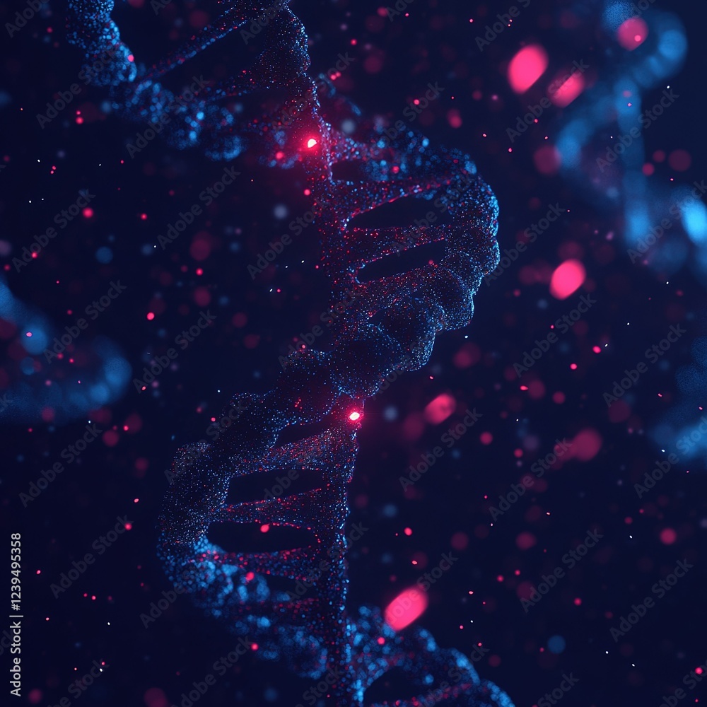 Ilustración de Stock Blue 3d DNA molecule helix with red spot. DNA ...