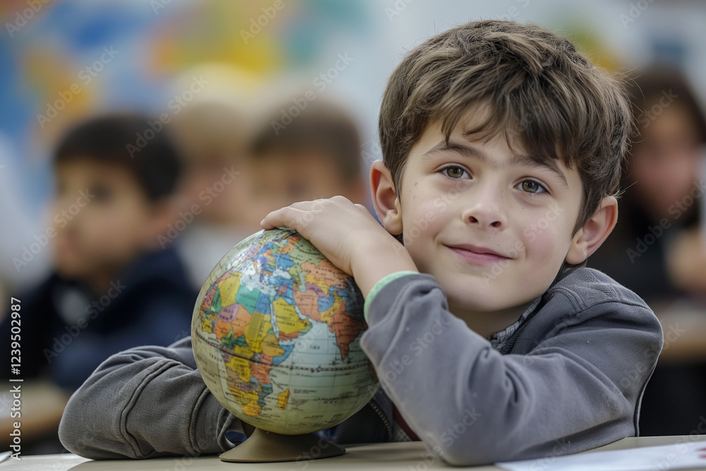 Smiling Young Boy Holding a Globe in a Classroom, Symbolizing Global ...